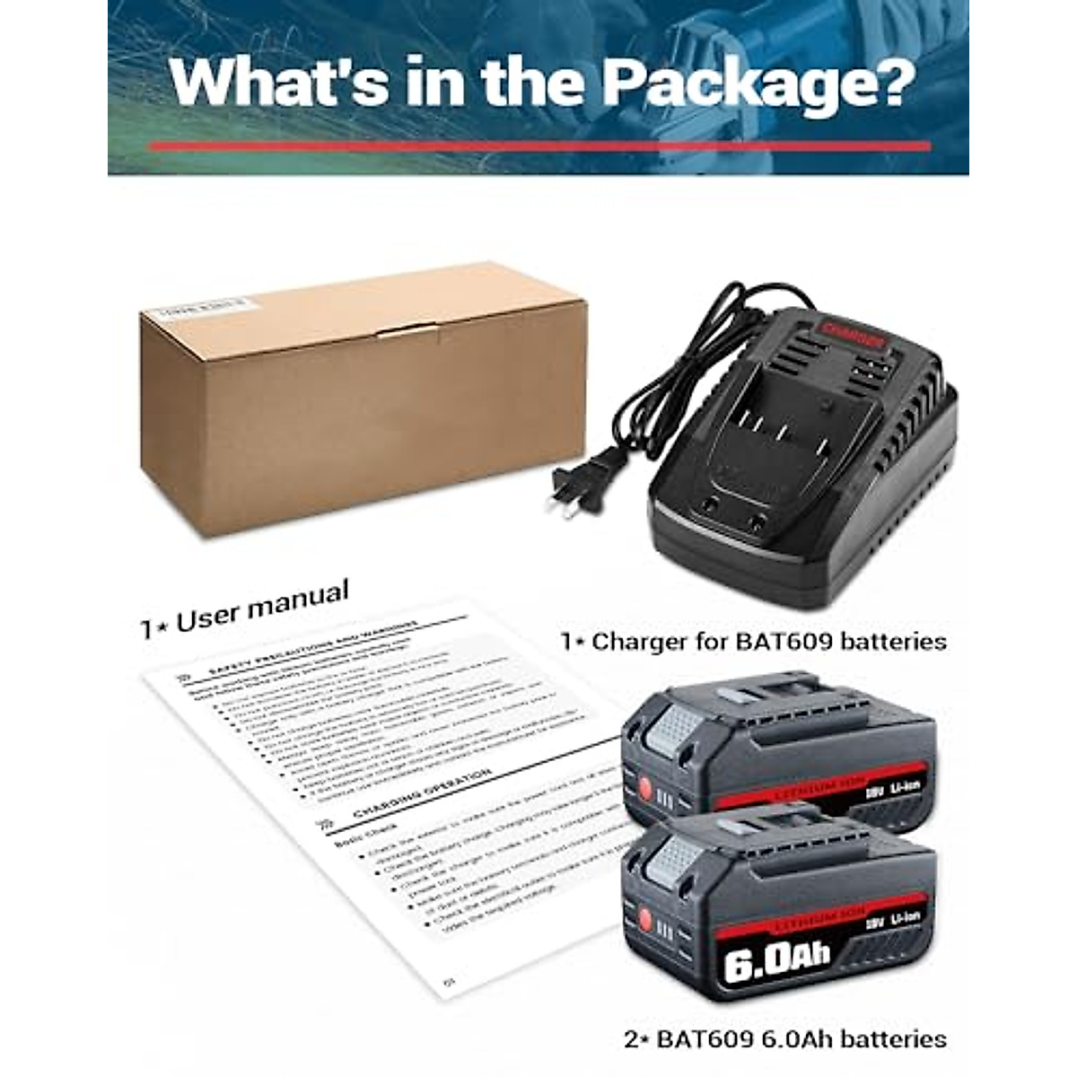 2Pack BAT609 6000mAh 18V Battery and Charger Kit Replacement for Bosch 18 Volt Battery Li-ion Compatible with Bosch 18v Battery & Charger Combo Starter Kit BAT609G BAT610G BAT611 BAT612 BAT618 BAT618G