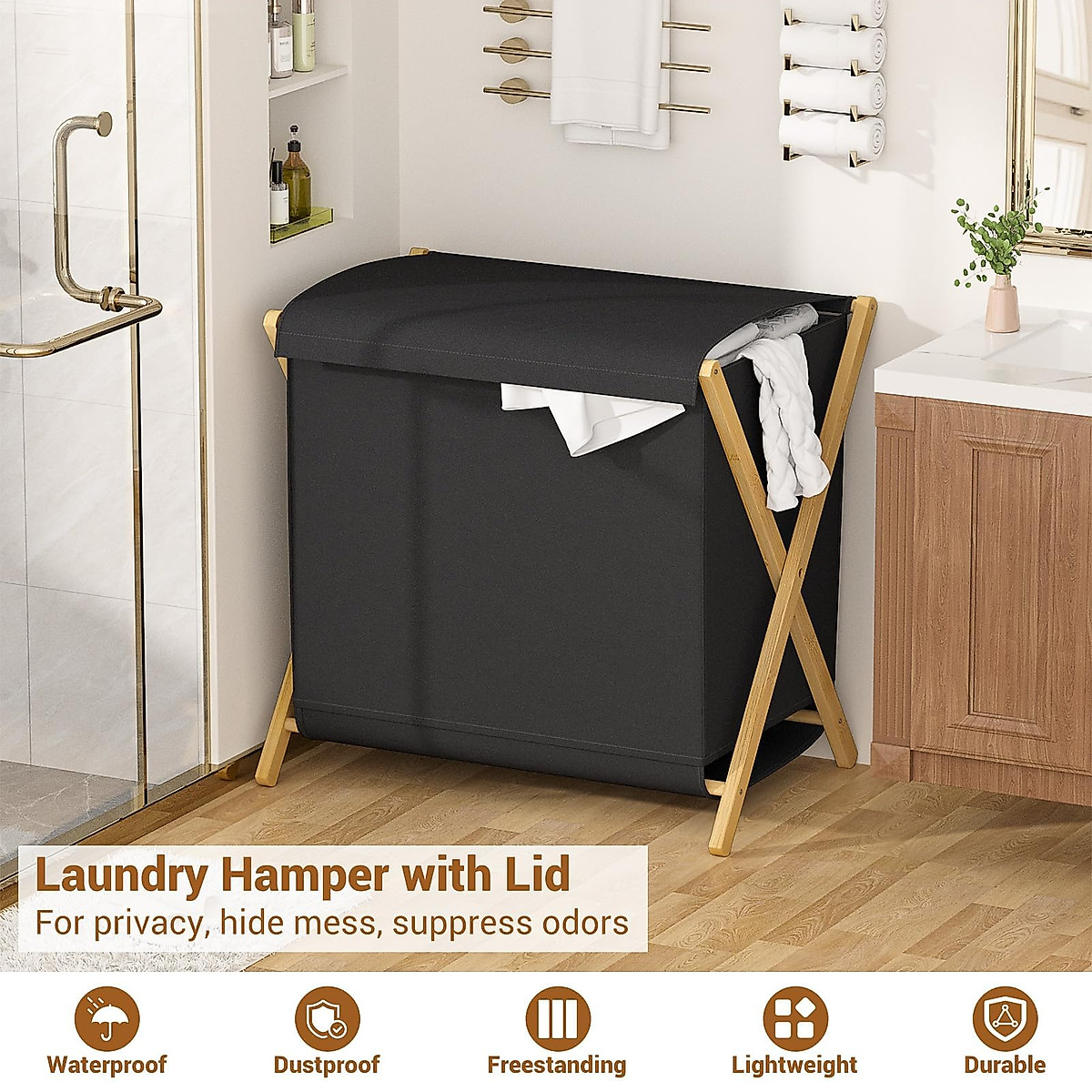 2-Section Extra Large Laundry Hamper with Lid, 125L (33 Gal) Divided Dirty Clothes Laundry Basket with Bamboo Frame, Double Hampers Organizer for Laundry Room, Bathroom, Bedroom, Black