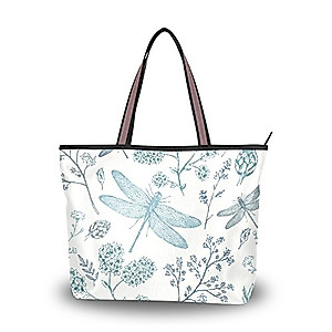 Shoulder Bag Large Beach Travel Tote Bag Blue Dragonfly Printed Handbags with Handle Top Zipper Closure