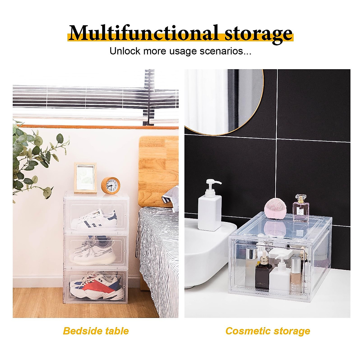 Attelite Drop Front Shoe Box,Set of 6,Stackable Plastic Shoe Box with Clear Door, As Shoe Storage Box and Clear Shoe Box,For Display Sneakers,Easy Assembly,Fit up to US Size 12(13.4”x 10.6”x 7.4”)