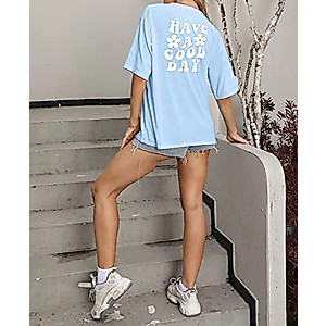 Cioatin Women’s Aesthetic Y2K Oversize Tee Shirt Top Floral Slogan Letter Graphic Drop Shoulder Short Sleeve Tshirt Sky Blue