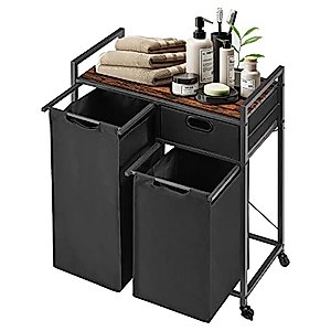 Unovivy Double Laundry Hamper with Drawer, Laundry Basket with 2 Removable Laundry Sorter Bags, Oxford Fabric, Metal Frame, Clothes Hamper for Bathroom, Dorm, Laundry Room (Rustic Brown)