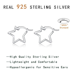 Reffeer Solid 925 Sterling Silver Minimalist Hoop Earrings Cute for Women Teen Girls Star Huggie Earrings Hoop (A-Silver)