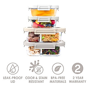 Bentgo® Glass Leak-Proof Meal Prep Set - 8-Piece Lunch & Snack 1 & 2-Compartment Glass Food Containers with Glass Lids - Reusable, BPA-Free, Microwave, Freezer, Oven & Dishwasher Safe (White Stone)