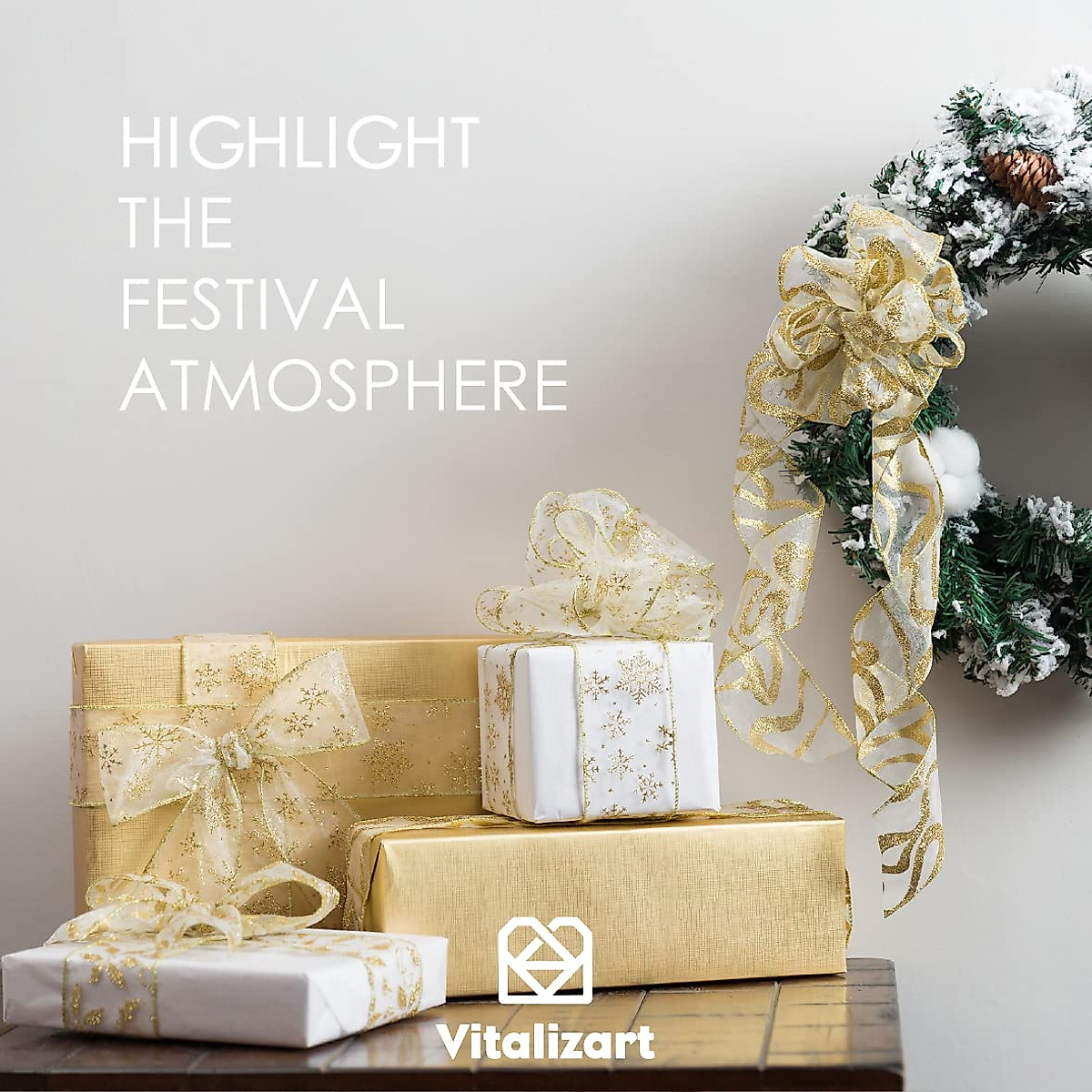 Vitalizart Christmas Ribbon Gold Wired Organza Sheer Ribbon 2.5 Inch x 10 Yards Glitter Snowflake for Tree Decoration Gift Wrapping Crafts Wreath Topper Bow Wedding Invitations Bridal Bouquets