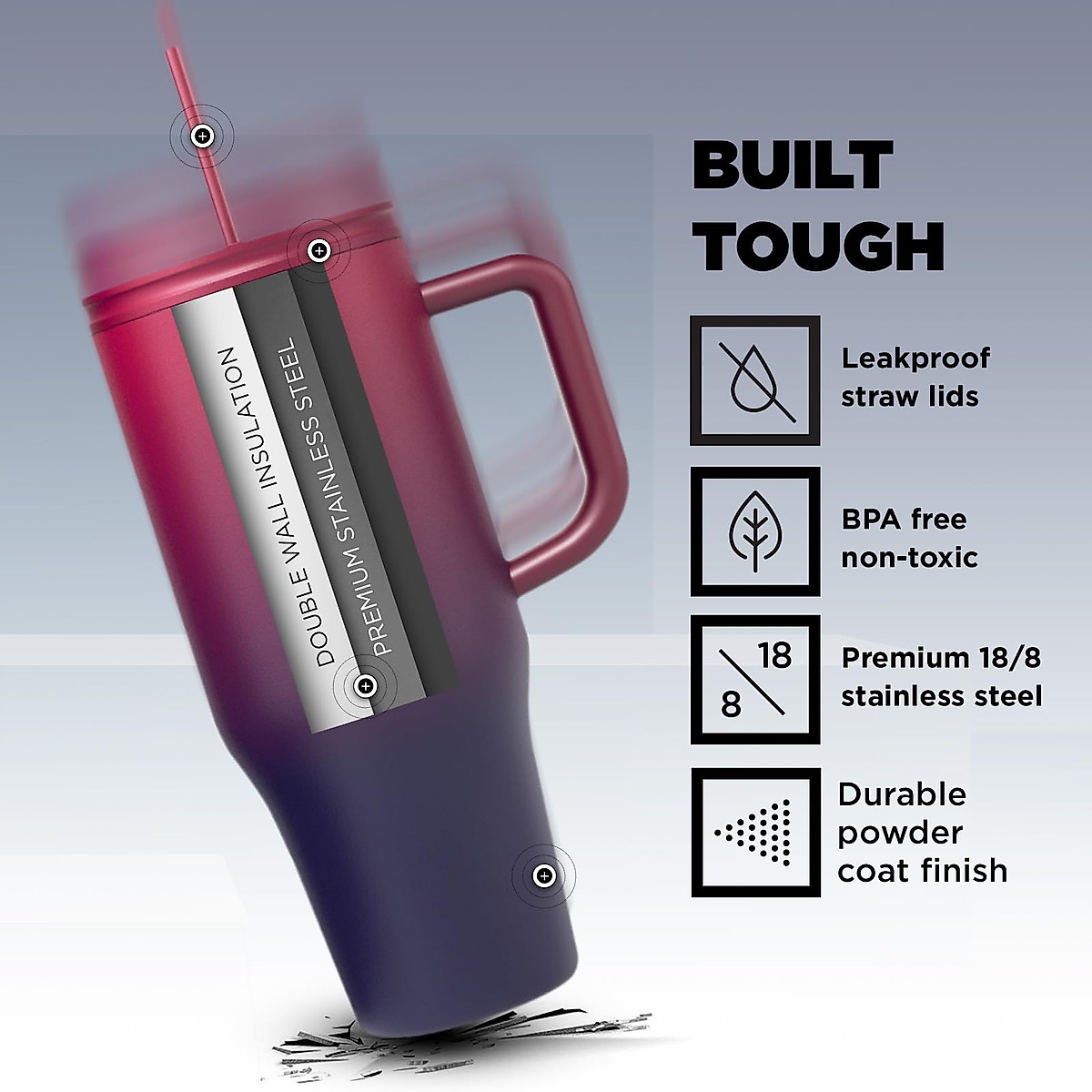 IRON FLASK Co-Pilot Insulated Mug w/Straw & Flip Cap Lids - Cup Holder Bottle for Hot, Cold Drink - Leak-Proof - Water, Coffee Portable Travel Mug - Dark Rainbow, 40 Oz