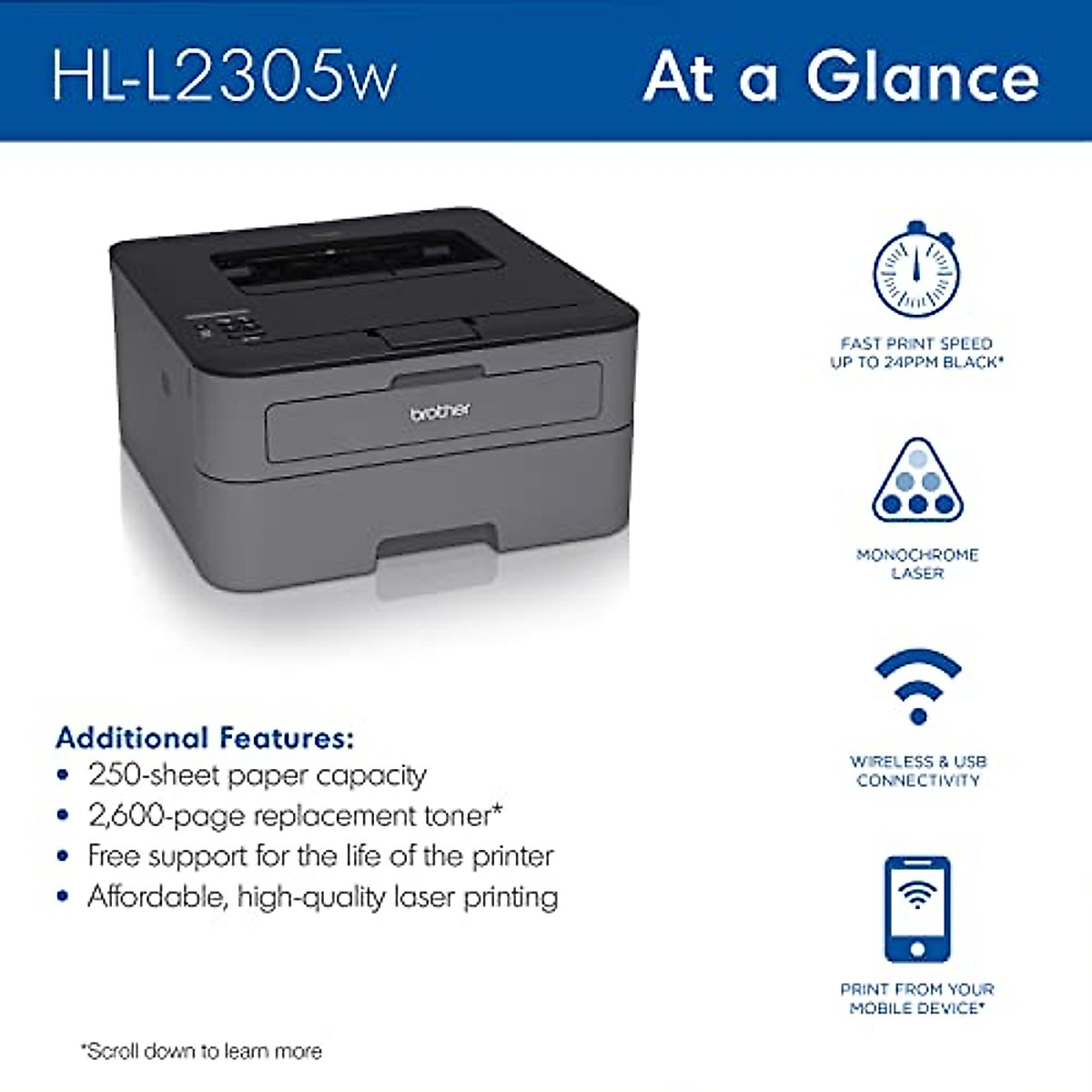 Brother HLL2305W Compact Mono Laser Single Function Printer with Wireless and Mobile Device Printing