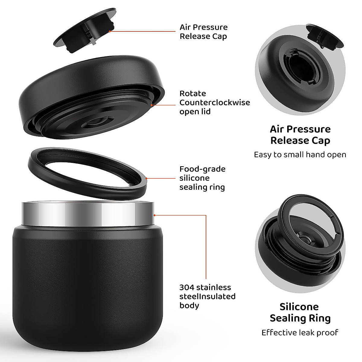 TIME4DEALS Insulated Thermos for Hot Food Kids Soup thermos Vacuum Stainless Steel 13.5oz Wide Mouth Lunch Container, Leak Proof Food Jar with Lids for School, Office, and Travel (Black)