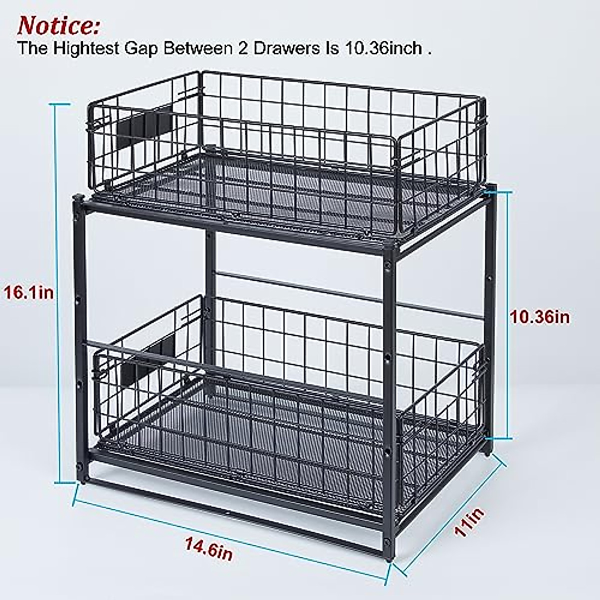 Upgraded Under Sink Organizers and Storage, Pull Out Under Bathroom Cabinet Organizer with A Extra Multiple Functional Basket, Sliding Out Closet Organizer Basket, Height Between 2 Drawers: 10.36in