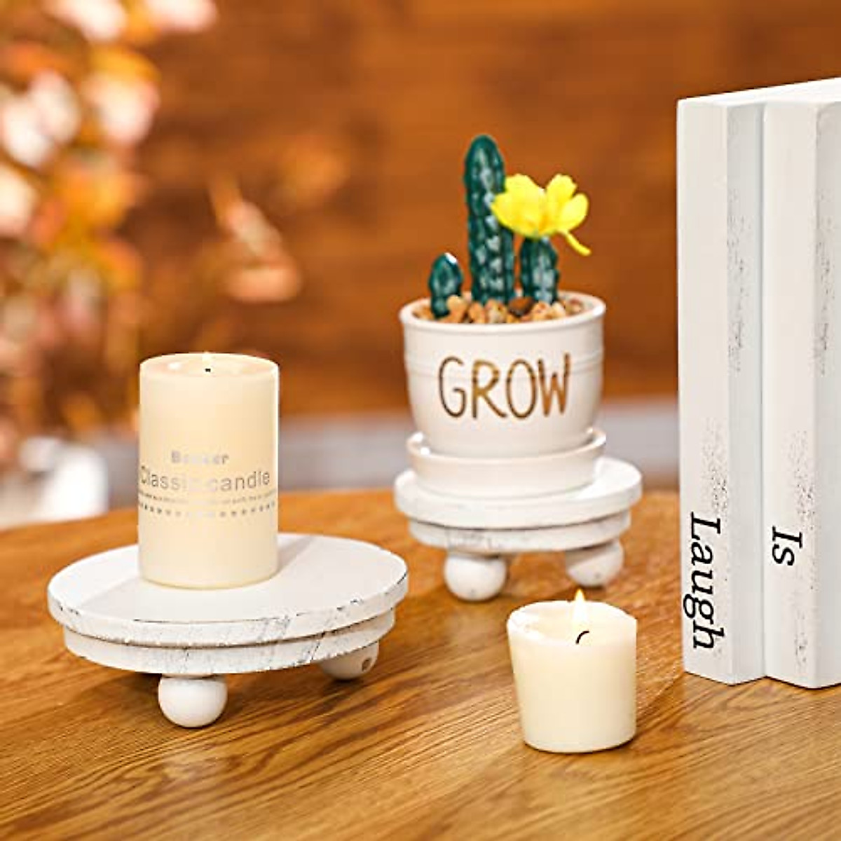 3 Pieces Wood Risers for Decor Wood Pedestal Mini Riser Stand Round Wooden Riser Rustic Farmhouse Riser for Decor Tiered Tray Decor Riser for Home Kitchen (Washed White, 5/4/3 Inch)