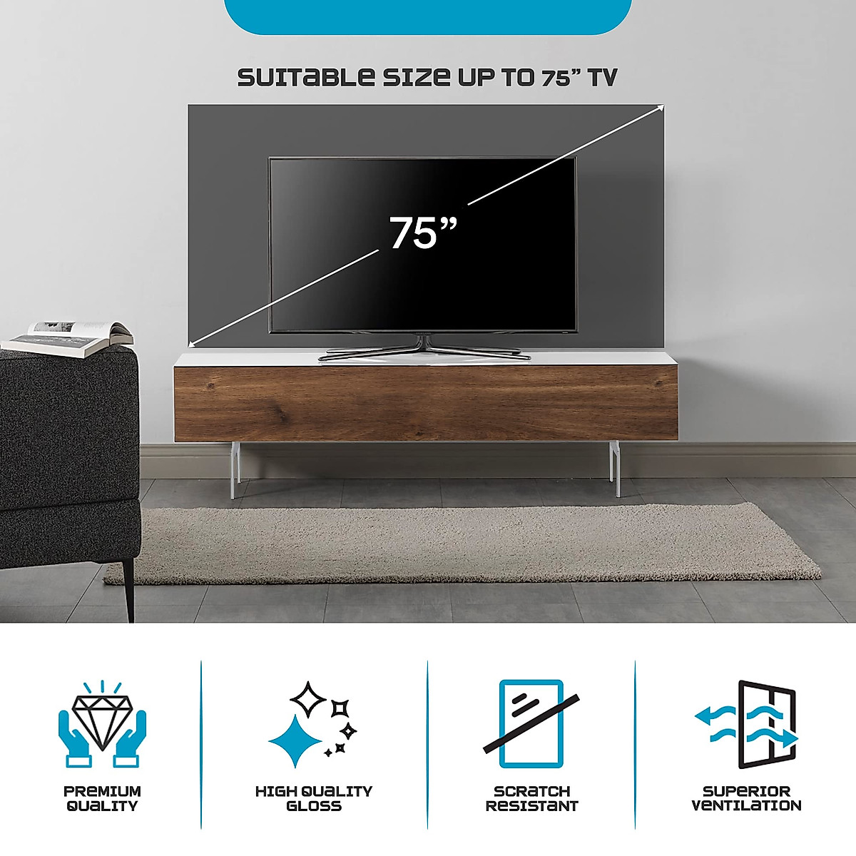 SONOROUS ST-360 Premium TV Stand for Living Room - Luxury Wood & Glass Media Console with Metal Legs - Modern Media Furniture with Storage - White TV Table Support up to 75" - Walnut Wood Cover