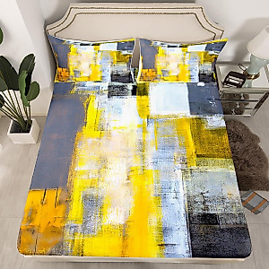 Grunge Oil Painting Sheet Set for Kids Youth Adult,Grey Yellow White Ombre Bed Sheets Queen Size,Graffiti Watercolor Painted Bedding Set,Mid Century Fitted Sheet + Flat Sheet + 2 Pillow Shams