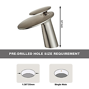 Wovier Brushed Nickel Waterfall Bathroom Sink Faucet,Single Handle Single Hole Brass Lavatory Vanity Faucet,Slanted Body Basin Mixer Tap with Supply Hose