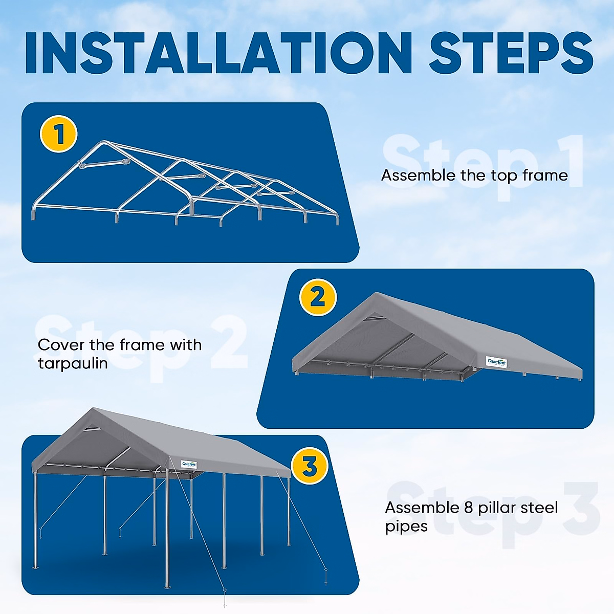 Quictent 10x20 ft Heavy Duty Carport Car Canopy Galvanized Car Tent Outdoor Boat Shelter with Reinforced Structure - Grey