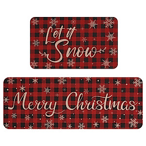 Alishomtll Christmas Kitchen Mats for Floor 2 Pieces, Non Slip Absorbent Kitchen Rugs Washable for Christmas Decor, Red Checkered Christmas Door Mat and Rug, 17''x47''+17''x29''