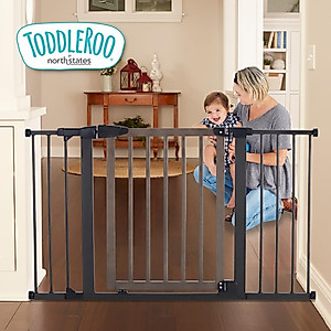Toddleroo by North States Driftwood Extra Wide Auto Close Baby Gate: Self-Closing Child Gate with Hold-Open Feature. Pressure Mounted Baby Gate, Fits 29.75” to 52” Wide. (30" Tall, Graphite and Wood)