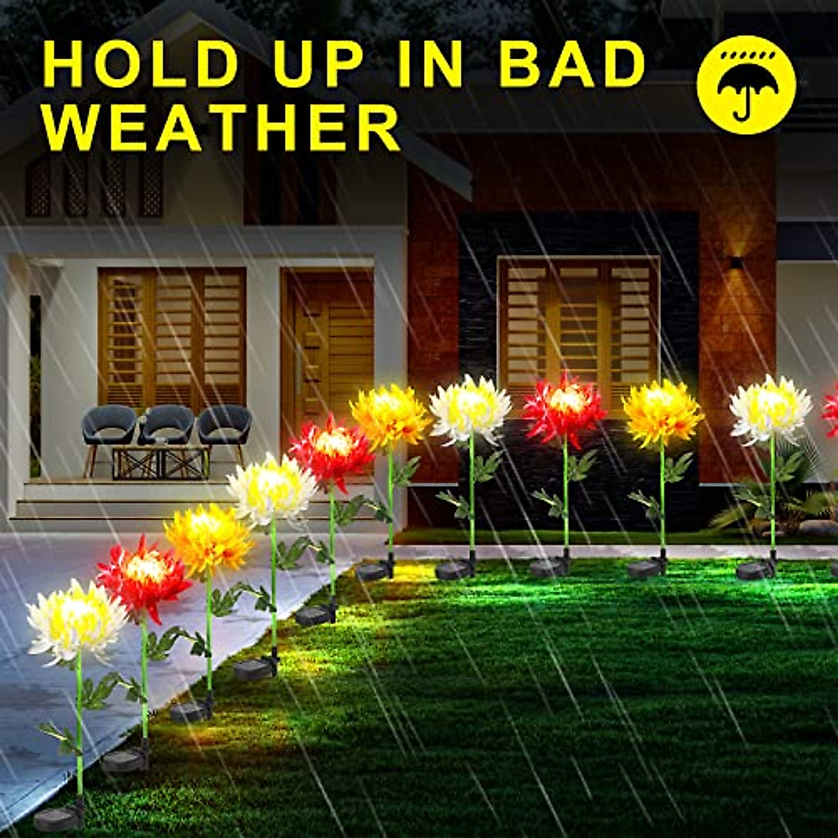 12 Pcs Solar Flower Lights Waterproof Garden Outdoor Chrysanthemum Lights Led Decorative Flowers Stake Light for Home Backyard Pathway Patio Yard Walkway Porch Fences Decorations, Yellow Red White