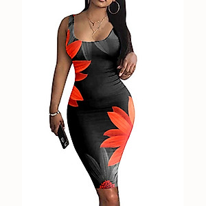 Midi Summer Dresses for Women Women Casual Sexy Round Neck Tank Top Sleeveless Dress Flower Print Casual Dress Red