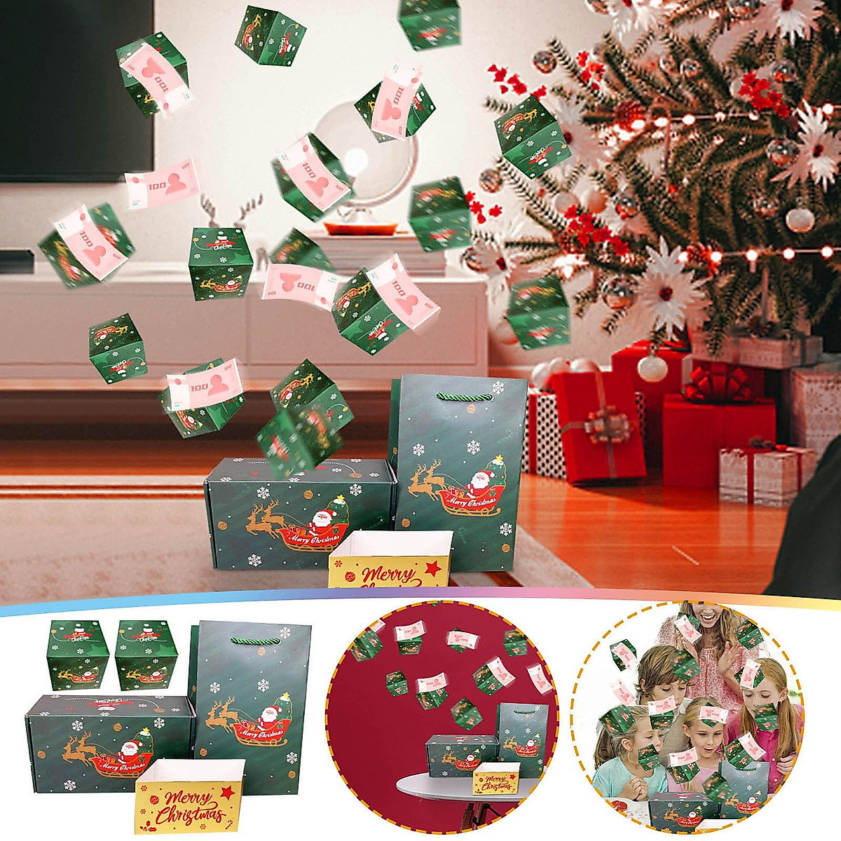 Merry Christmas Surprise Gift Box Explosion for Money - Money Gift Box Explosion with Reindeer Santa Claus- Pop Out Folding Bounce Explosion Gift Box (Green-9pc)