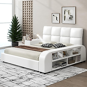 EOVTK Queen Size Upholstered Platform Bed with Built-in Multimedia Nightstand and Storage Shelves, Faux Leather Platform Bed Frame with 2 Cup Holders, Light and Charging Station, White