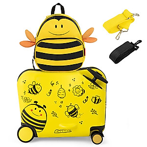 HONEY JOY 12" Bee Themed Kids Travel Backpack & 18" Hardside Suitcase with Wheels, Yellow, 2 Pcs