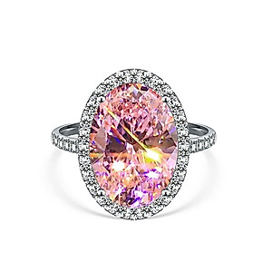 hsiyyecg Split Shank Platinum Plated Pink Crystal Rings, Big Oval Cubic Zirconia Ring, Women's Fashion Wedding Engagement Solitaire Rings Gifts (US Size 7)