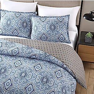 City Scene Duvet Cover Set Reversible Cotton Bedding with Matching Shams, All Season Home Decor, Twin, Milan Blue