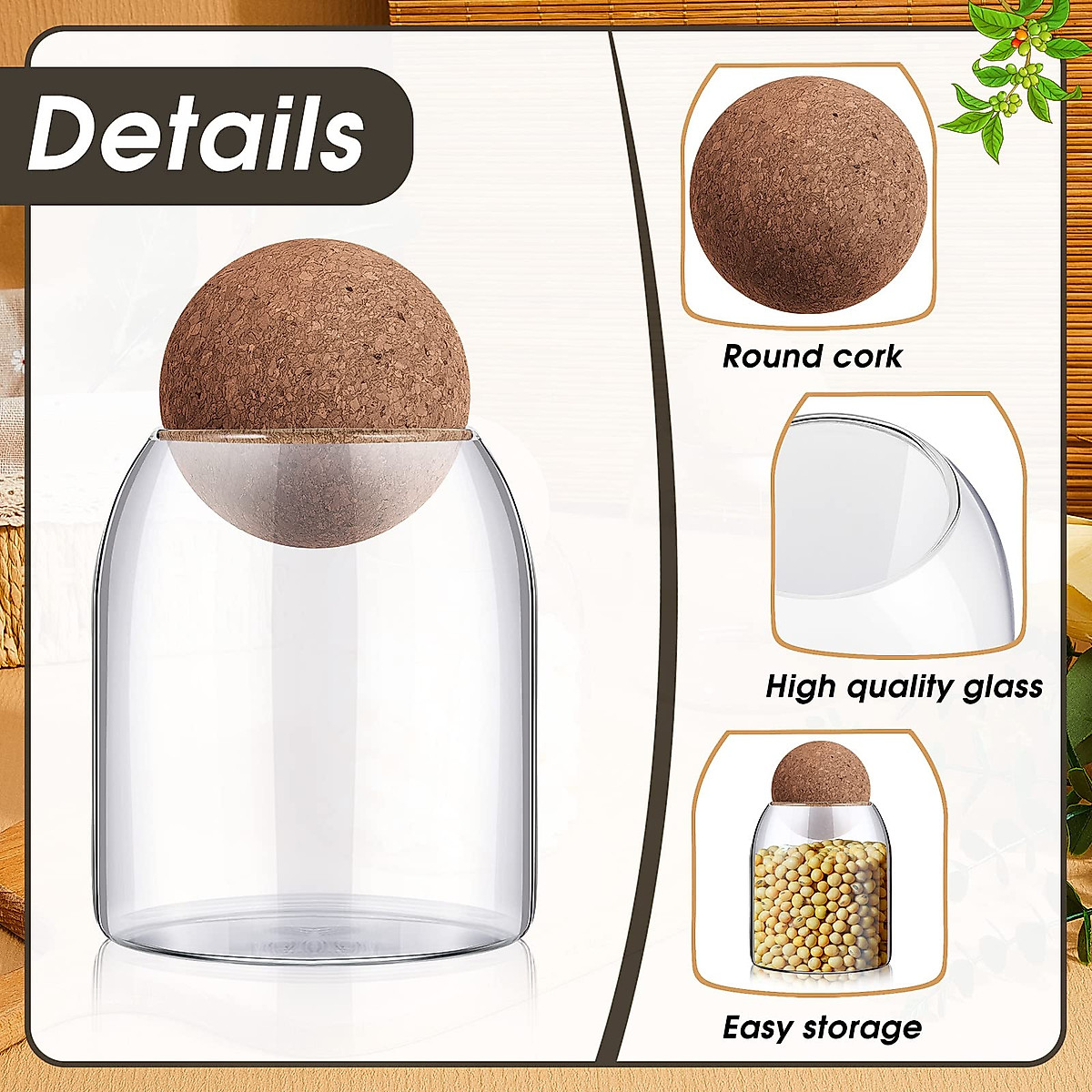 Suclain Glass Storage Containers Ball Cork Jar Glass Candy Jar 17 Oz/500ML Wood Cork Lid Small Glass Bottle Jars for Food Coffee Beans Tea Spice Salt Sugar Nut Kitchen Storage(6 Pcs)