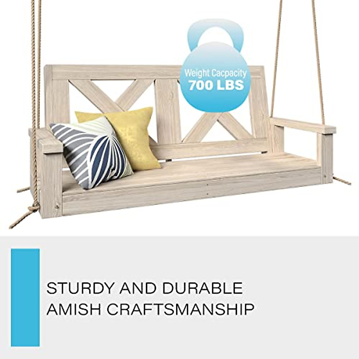 Porchgate Amish Heavy Duty 700 Lb Farmhouse Porch Swing W/ Ropes (5 Foot, Unfinished)