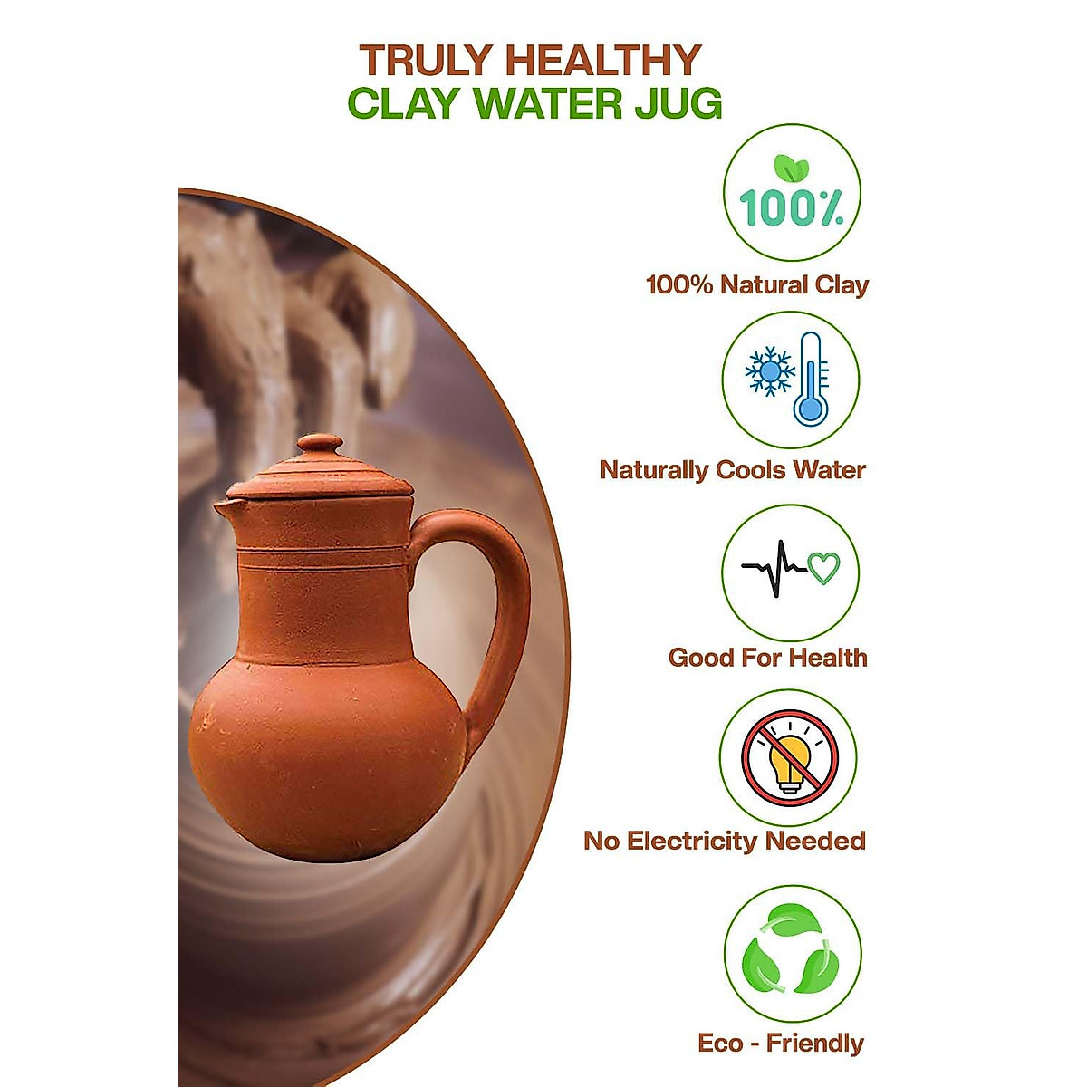 Village Decor Handmade Clay Water Jug With Lid | Carafes Pitcher Capacity 67 oz 2000 ml.