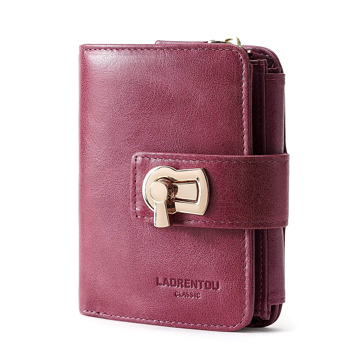 LAORENTOU Cow Leather Small Wallets for Women, Ladies Cute Zipper Purses Credit Card Holders Trifold Wallets for Women Coin Purses (01 Purple)
