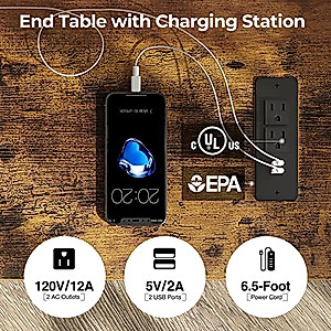 Rolanstar End Table, Sturdy Side Table with Charging Station, 2 USB Ports, Drawer, Shelf and Large Storage, Narrow Bedside Table for Sofa, Living Room (Rustic Brown)