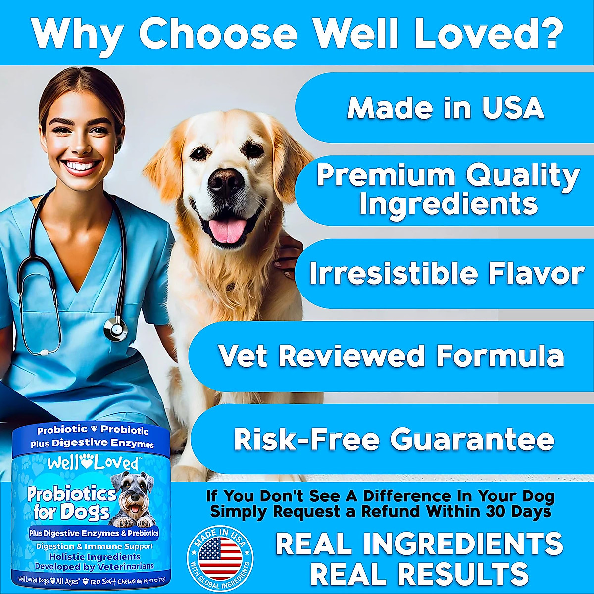 Well Loved Probiotics for Dogs, Dog Probiotics and Digestive Enzymes, Made in USA, Vet Developed, Dog Probiotic Chews with Prebiotics, Diarrhea Treatment, for Itchy Skin, Gut Health & Gas Relief