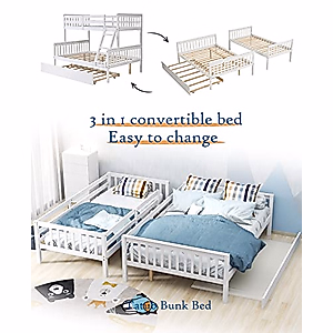 Tatub Twin Over Full Bunk Bed with Trundle, Ladder and Guard Rails, Pine Wood Frame, 3 in 1 Convertible Bunk Bed with Trundle for Kids, Teens, Adults, No Box Spring Needed, Bunk Bed White