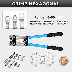 HKS Battery Cable Lug Crimping Tool 10-1 AWG with 60Pcs Copper Ring Terminals 8 Sizes Cable Lugs Set, Heavy Duty Wire Crimper