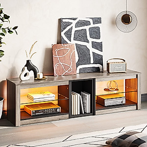 Bestier TV Stand for 70 inch TV, Gaming Entertainment Center for PS5, LED TV Cabinet with Glass Shelves for Living Room, 63'' Inch, Grey Wash