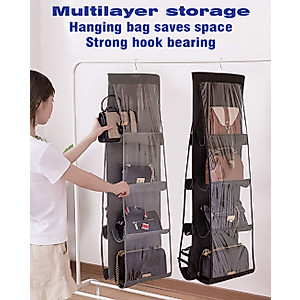 AARAINBOW 2 Packs Hanging Handbag Purse Organizer, Purse Bag Organizer Storage Hanging Bag Organizer for Closet Rack for Purses 8 Pockets Wardrobe Closet Space Saving, 41L*13.5W (B, 2 Black)