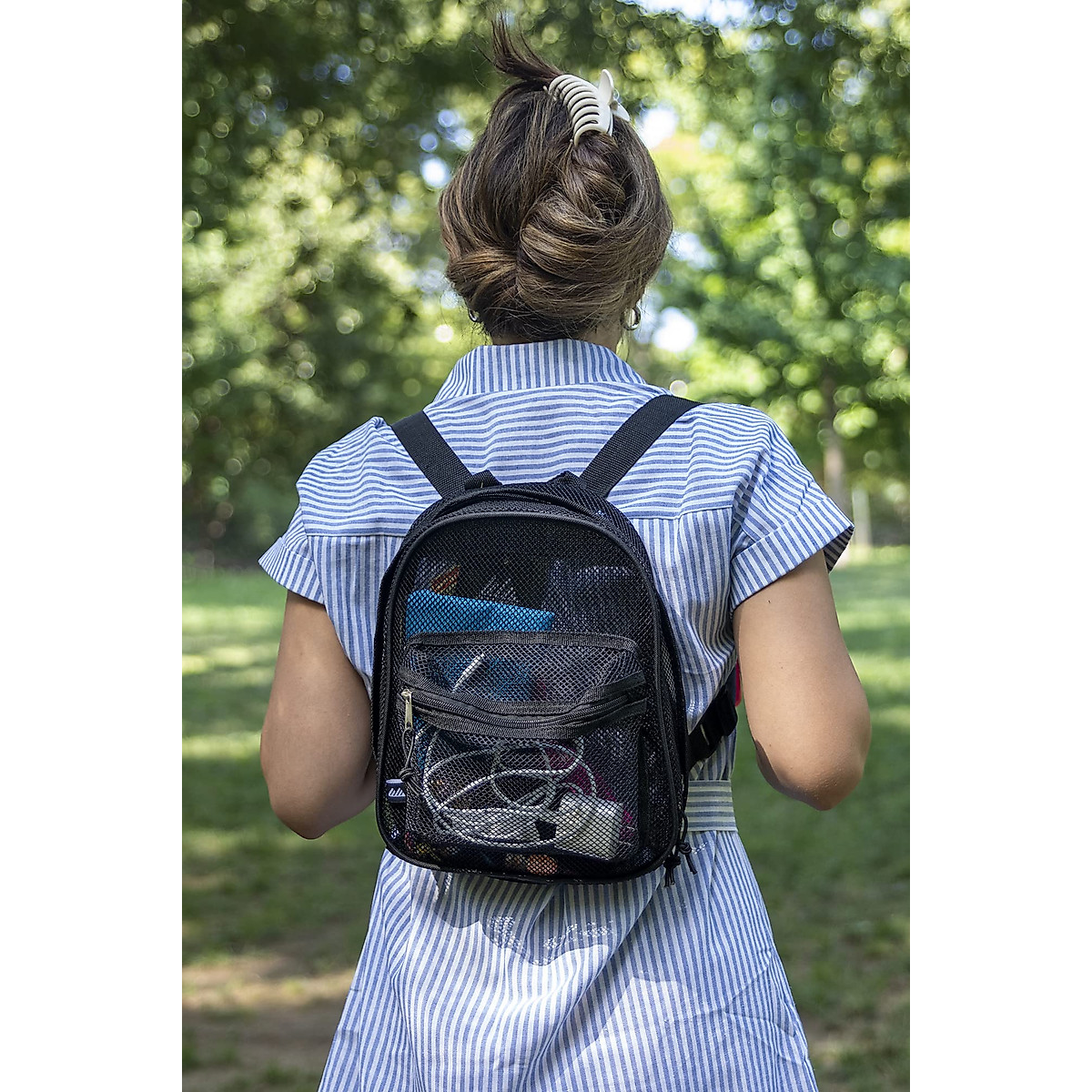 Mini Mesh Backpack for Women, Girls, Kids for School, Beach Toys, Pool, and Swimming Gear; Mini Transparent Backpacks with Padded Straps (Black)