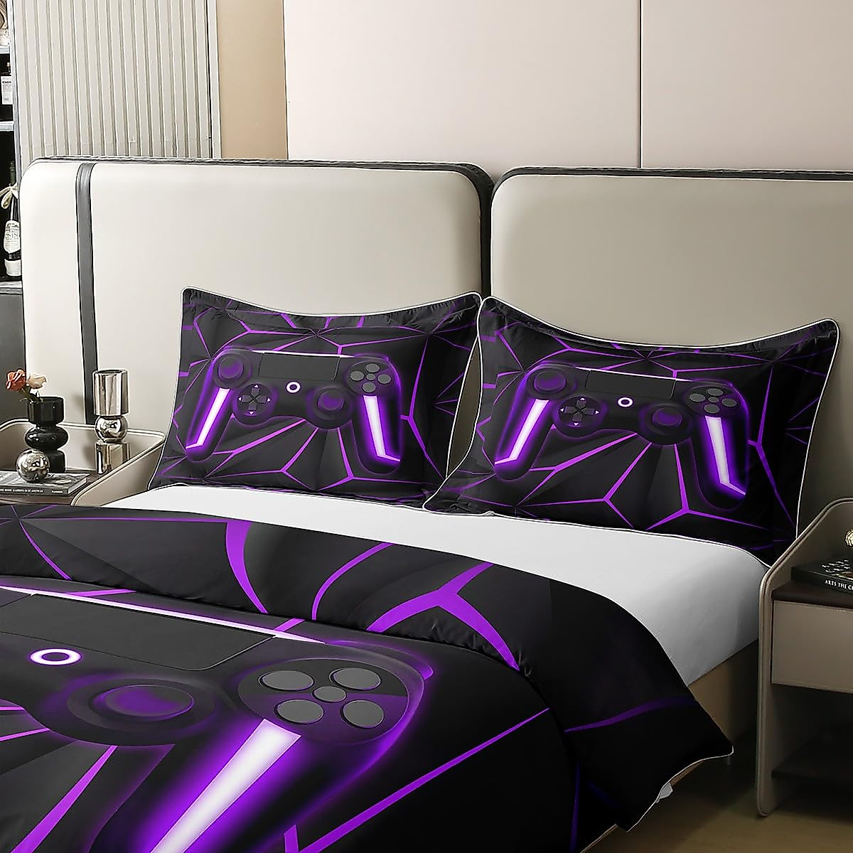 Erosebridal Gaming 100% Cotton Duvet Cover for Boys Girls Game Console Bedding Set Kids 3D Gaming Geometric Reversible Comforter Cover Gamer Gamepad Console Bed Sets with 1 Pillowcase Twin,Purple