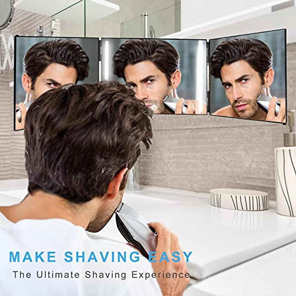 Feisate Barber Mirror Self Cut with LED Lights, 3 Way Mirror for Hair Cutting, 360 Mirror for Haircuts for Men&Women, Self Haircut Mirror to See Back of Head, Three Way Hair Mirror