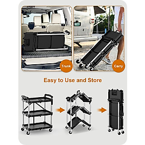HIMIX Foldable Utility Carts with Wheels, 3-Tier Holds 240lbs Folding Rolling Cart with Fixed Rope, Collapsible Service Cart for Home, Office, Garage, and Warehouse - No Assembly Required