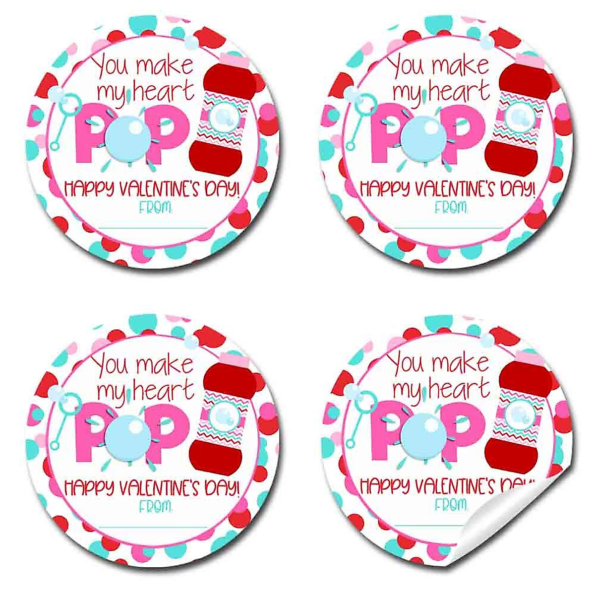 You Make My Heart Pop Bubble Themed Valentine Party Favor Sticker Labels for Kids, 40 2" Party Circle Stickers by AmandaCreation, Great for Classroom Valentines, Envelope Seals, Gifts & Treats