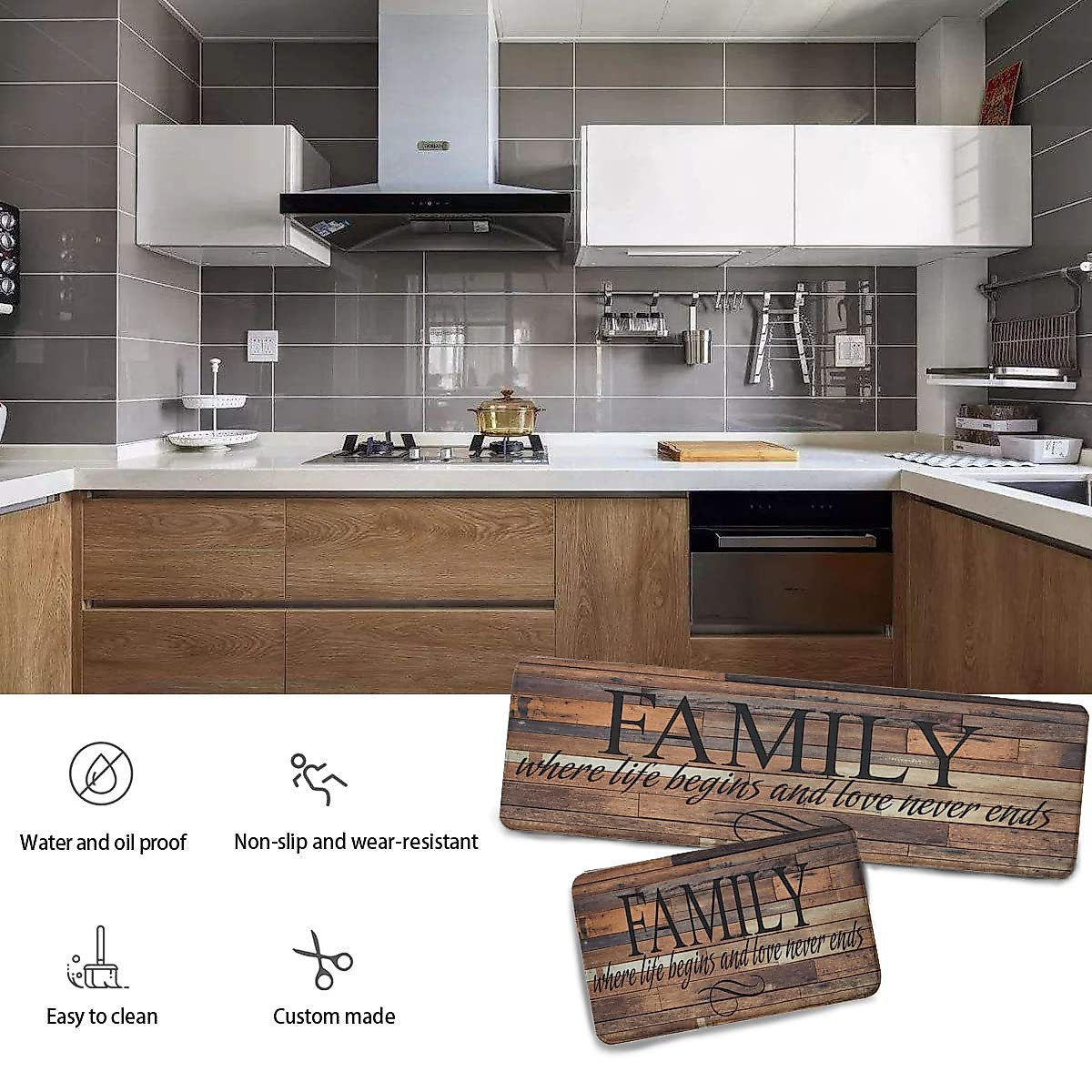 Farmhouse Style Kitchen Mats Sets 2 PCS Cushioned Anti Fatigue Comfort Mat Ergonomically Engineered Soft Wood Grain Kitchen Rug Waterproof Non-Skid for Kitchen Sink Laundry 17"x47"+17"x24"