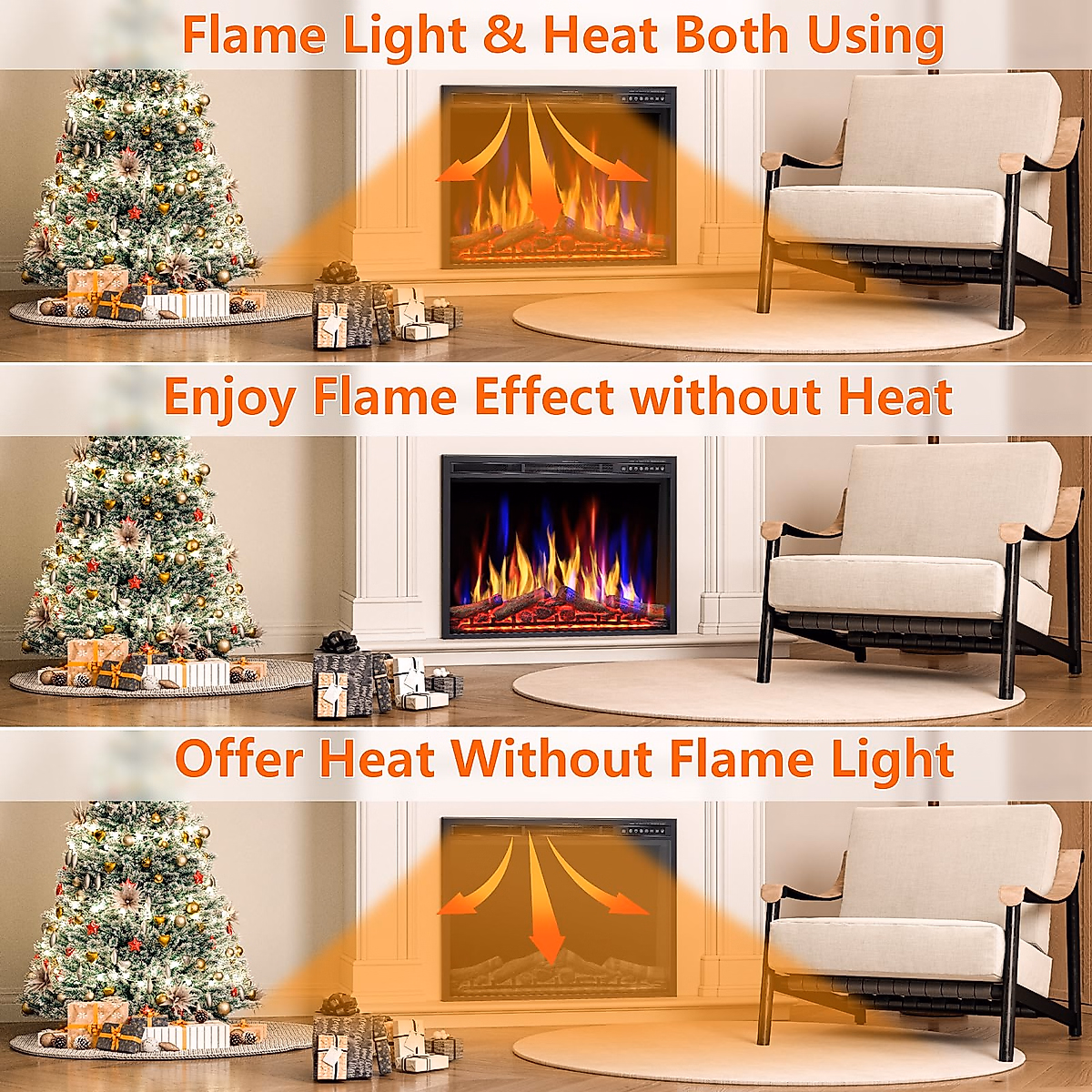 Joy Pebble 34 Inch Electric Fireplace Insert,750W/1500W Recessed Electric Fireplace Heater,Adjustable 5 Flame Color & 5 Burning logs Color,Electric Fireplace with Remote Control&Overheat Protection