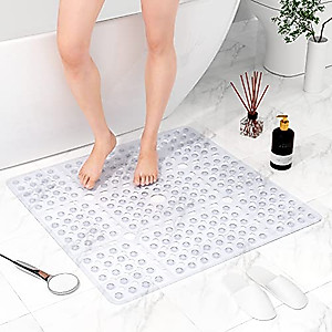 XIYUNTE Large Square Shower Mat Non Slip - 27x27inch Shower Mats for Showers Anti Slip - Square Shower Stall Mat for Shower Floors | Secure Suction Cups and Drain Holes - Machine Washable - Clear