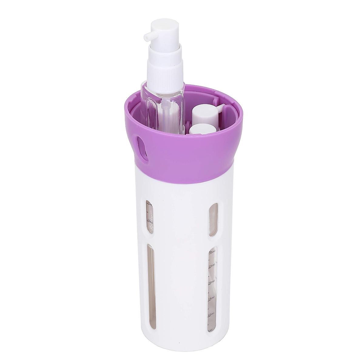 Travigo 4-in-1 Travel Dispenser Bottle, TSA Approved,Includes Four Empty Reusable 1.4 oz. (40 mL) Cosmetic Toiletry Containers for Sanitizer, Soap, Lotions, Skincare, Makeup Products (Purple)