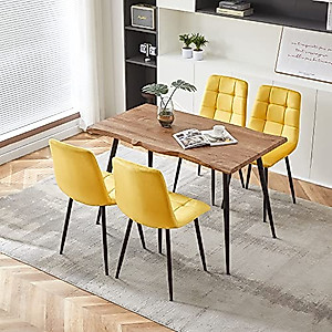 NORDICANA 5-Piece Dining Table Set, 47 in Modern Irregular Rectangle Kitchen Table & 4 Yellow Velvet Upholstery Side Chairs, Metal Legs, Dining Room Set for 4