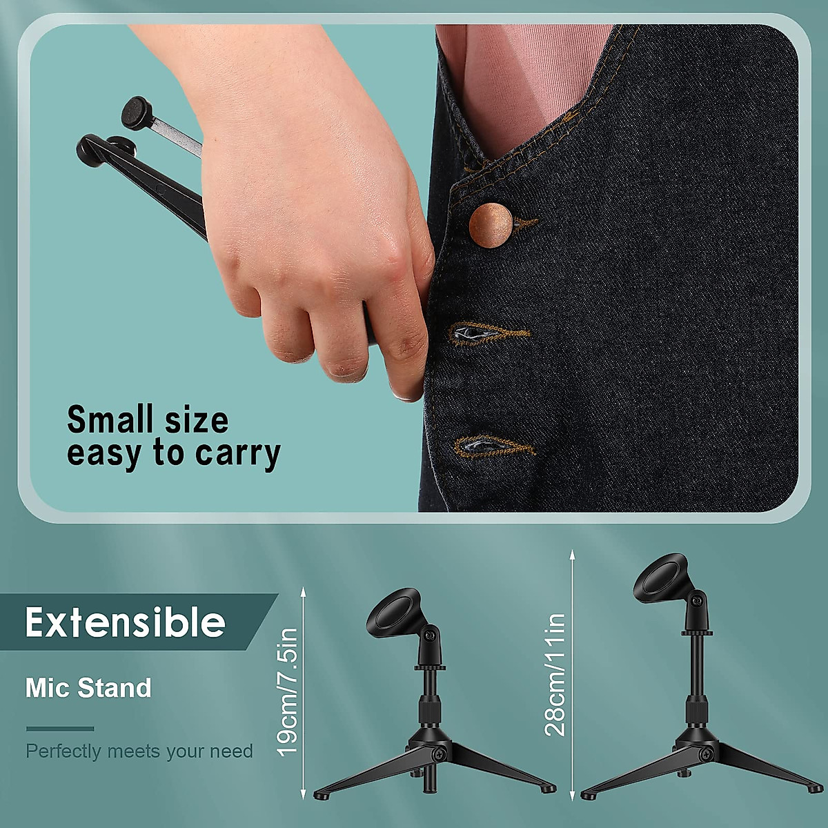 3 Pack Desktop Mic Stand Portable Foldable Tripod with Mic Clip Holder Adjustable Height Table Microphone Stand Desk 5/8 Inch Male to 3/8 Inch for Dynamic Recording Podcast