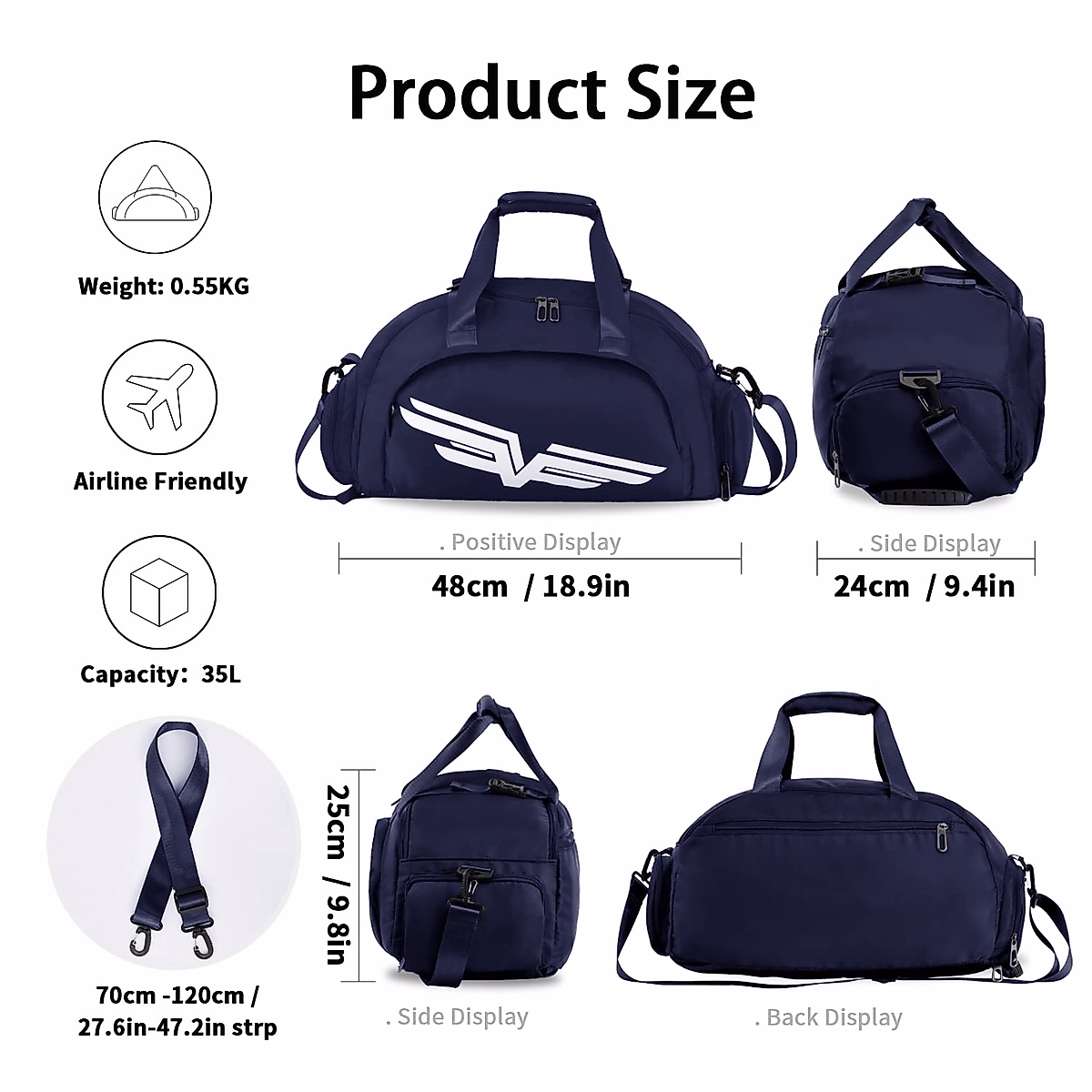 FIORETTO 30L Sports Gym Duffle Bag with Wet Pocket & Shoe Compartment, Weekender Hospital Overnight Bag for Women, Sports Holdall Backpack