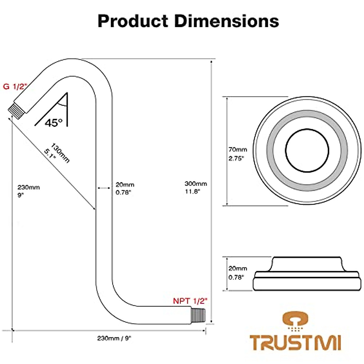 TRUSTMI Bronze Shower Arm with Flange 12 Inch S-Shaped Overhead Shower Head Extension Neck with 9 Inch High Rise Offset, Oil Rubbed Bronze
